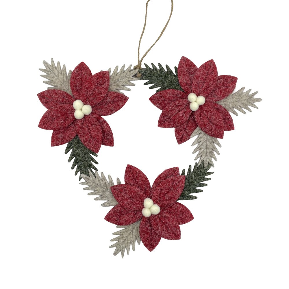 CF COLLECTION ORN WREATH FELT 6" RED/GREEN, HOLLY LEAF TEXTURE